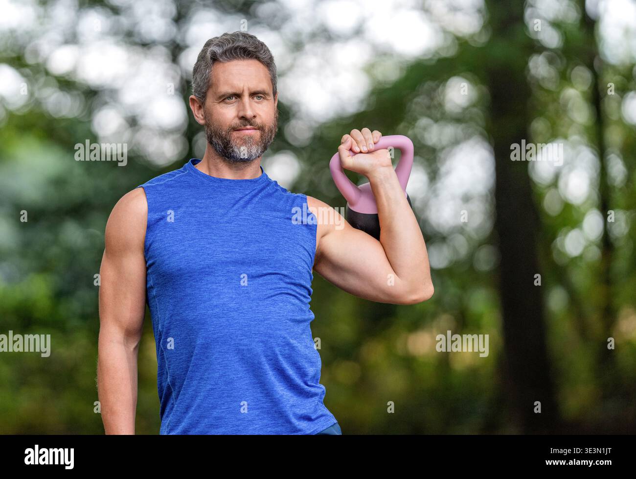 Sport determination banner. Sportsman do sport with kettlebell. Trainer ...