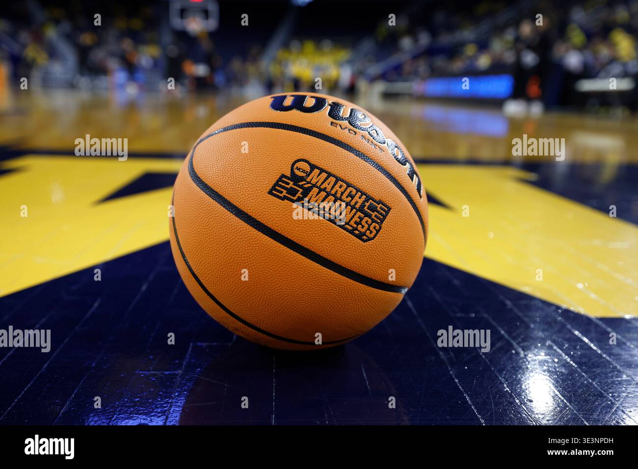 The NCAA March Madness logo is seen on a ball before a second round ...