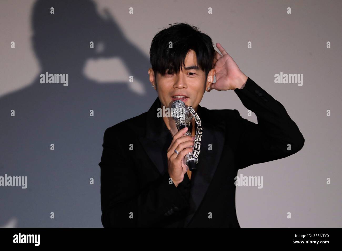 Famed Taiwanese singer Jay Chou speaks during a promotional event for ...