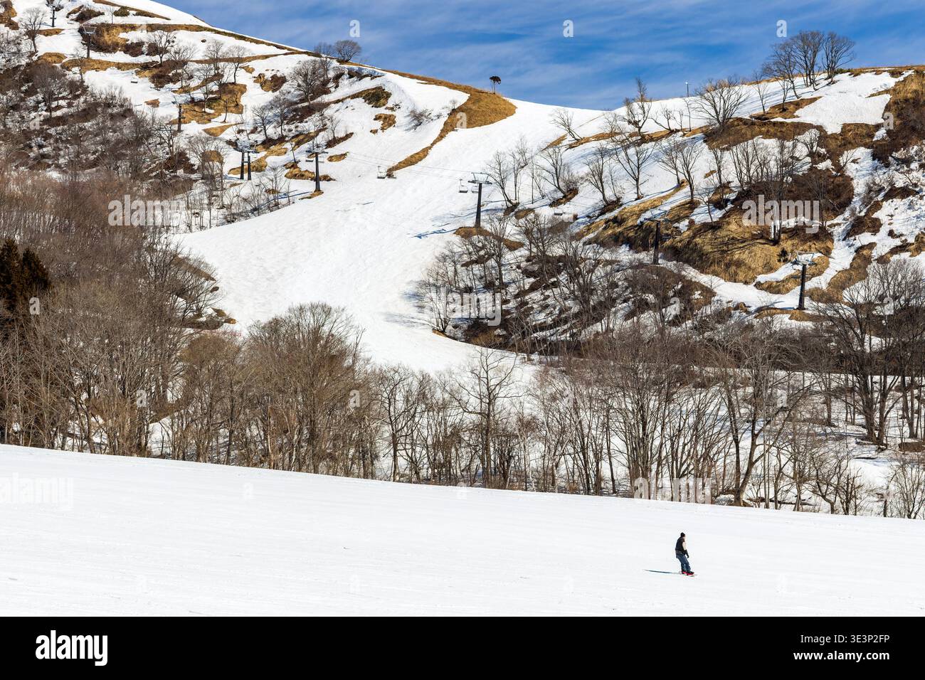 Spring mountain landscape showing melting snow patches on hills and ski ...