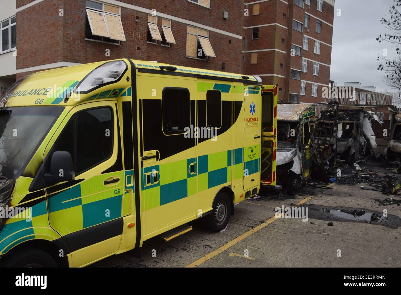 London, UK. 24th March 2026. Burnt remains at the scene following an ...