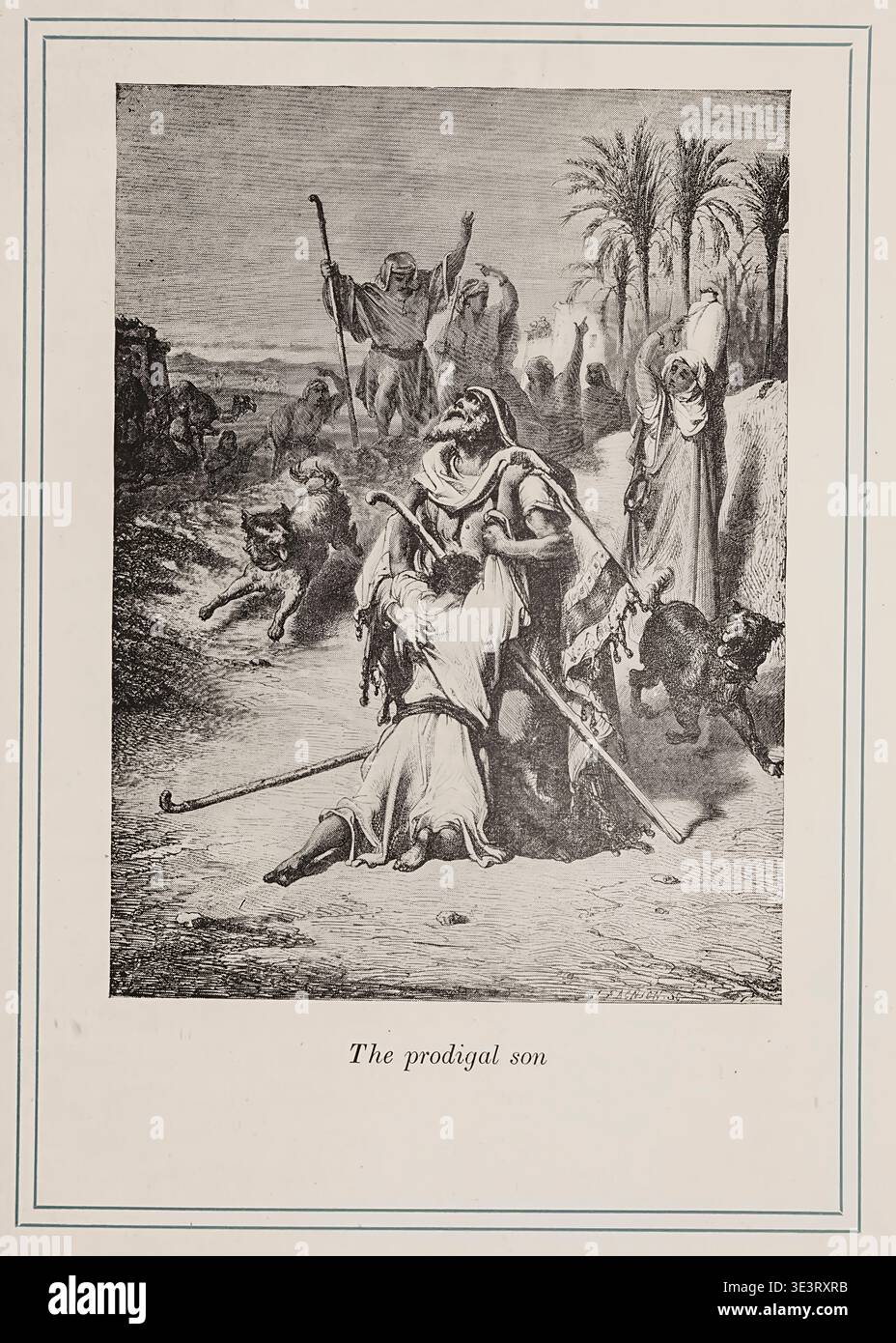 Prodigal son kneeling, embracing his father who looks heavenward, with ...
