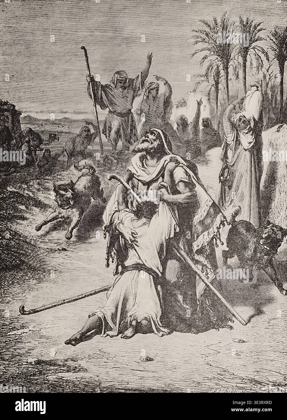 Prodigal son kneeling, embracing his father who looks heavenward, with ...