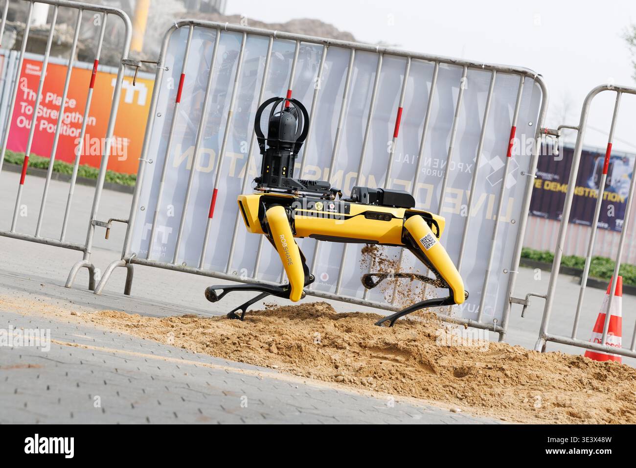 A robotic quadruped is demonstrated during XPONENTIAL Europe 2026 at ...