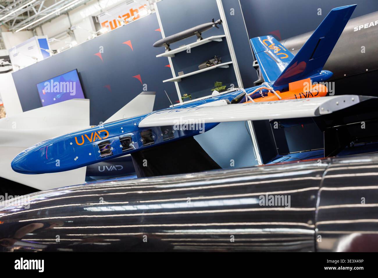 A UVAD drone is displayed at an exhibition stand during XPONENTIAL ...