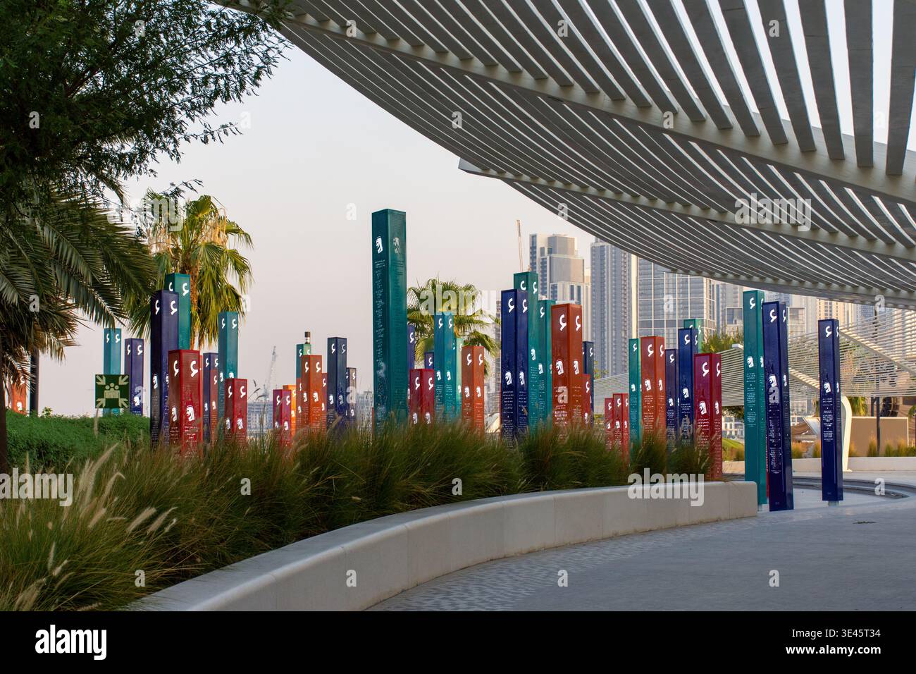 Colorful pillars with inspirational quotes at the Mohammed Bin Rashid ...