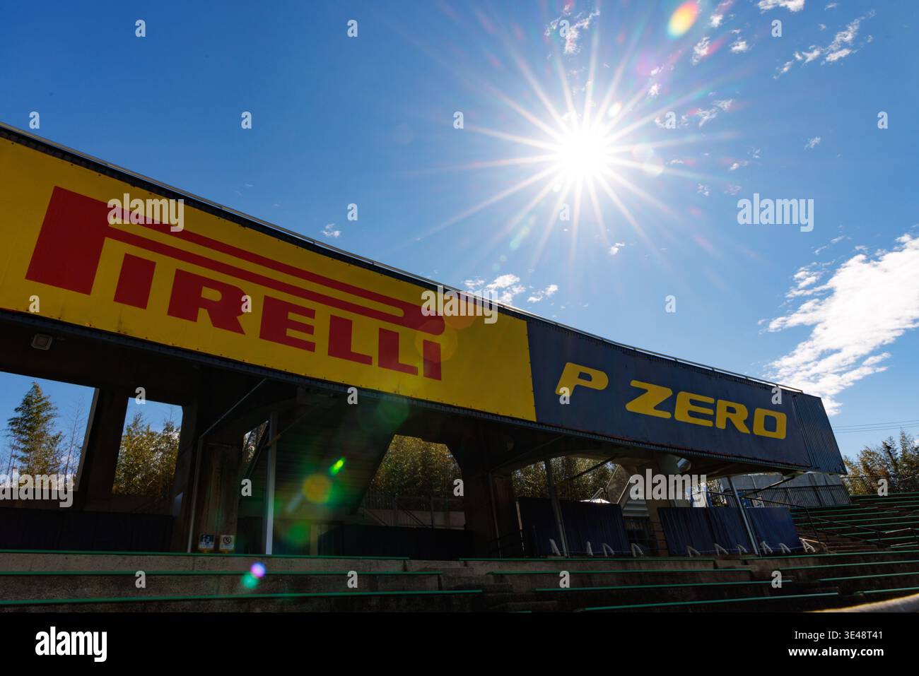 Pirelli signage atop the turn one grandstand ahead of the F1 Grand Prix ...
