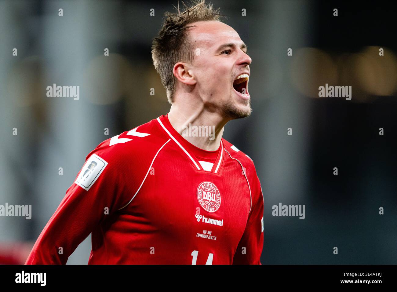 Copenhagen, Denmark. 26th, March 2026. Mikkel Damsgaard (14) of Denmark ...