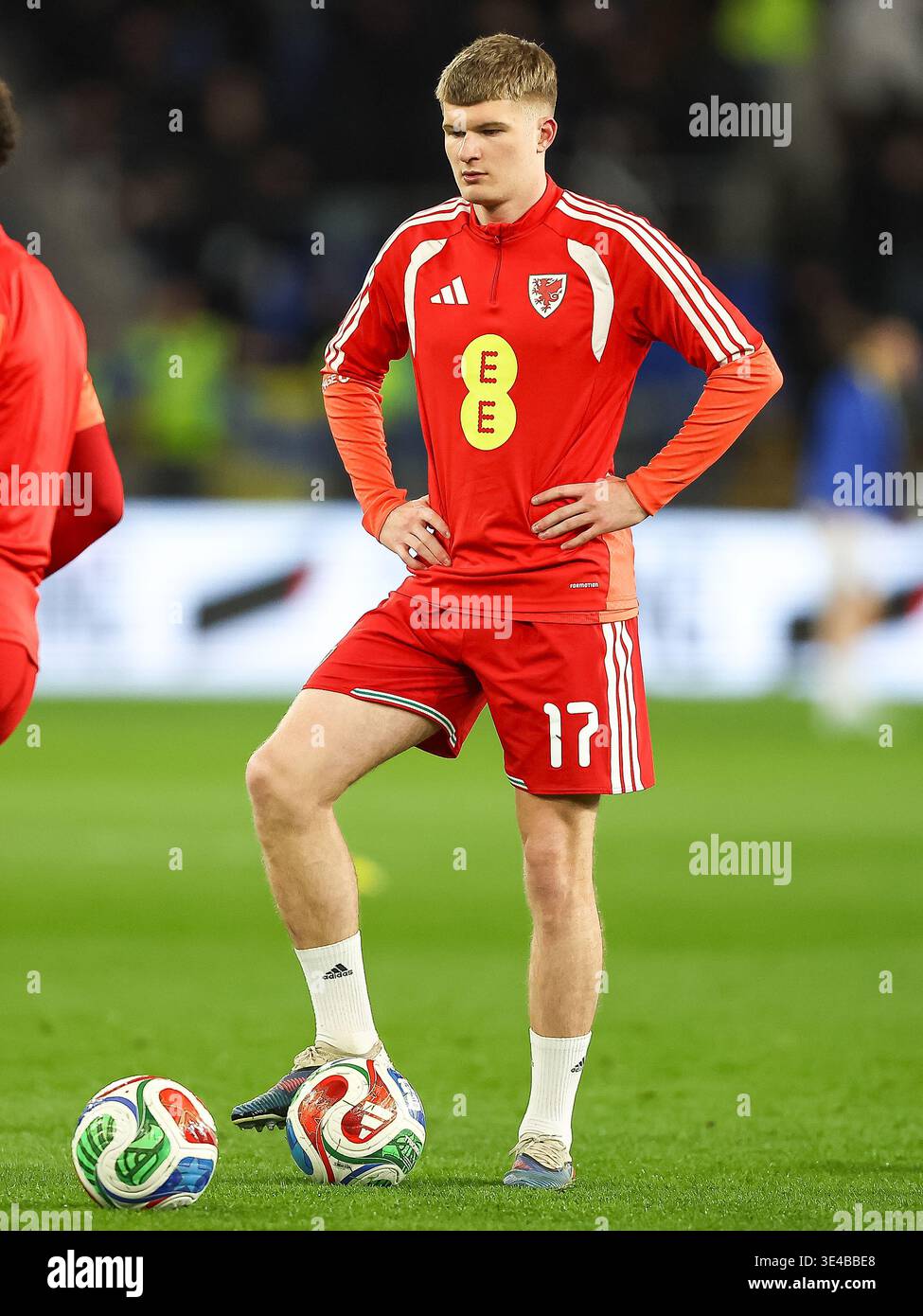 CARDIFF, WALES - MARCH 26: Jordan James of Wales warms up before the ...