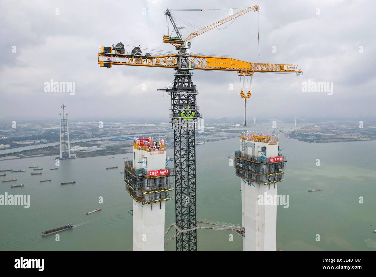 The east main tower of the Lion’s Link Bridge captured from the air ...