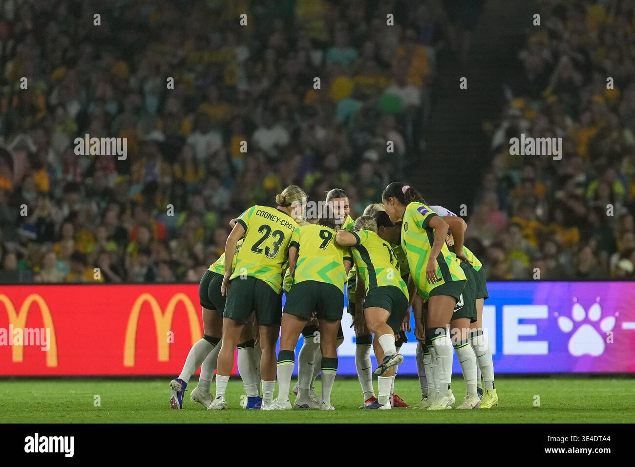 Sydney, 21 March 2026 Australian players huddle before kick off at AFC ...