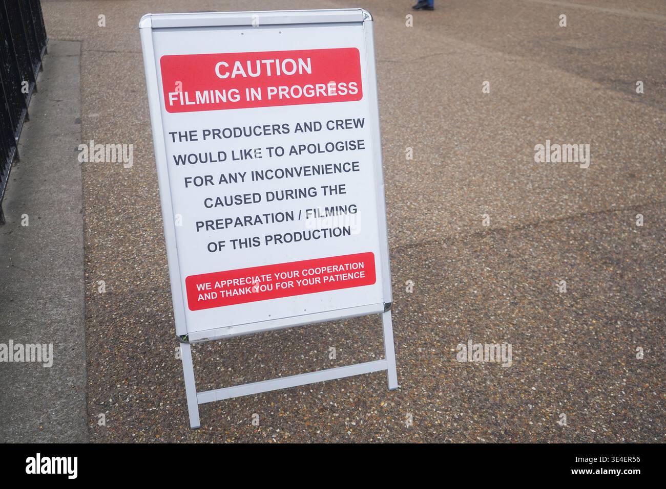 27 March 2026 A Filming in Progress Caution Sign during the filming of ...