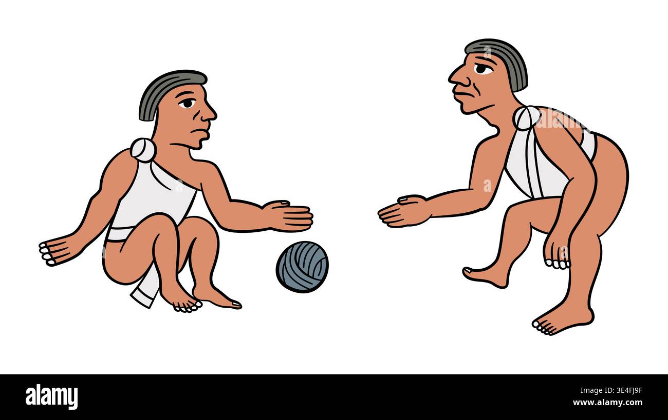 Aztec ball players playing a Mesoamerican ballgame with a rubber ball ...