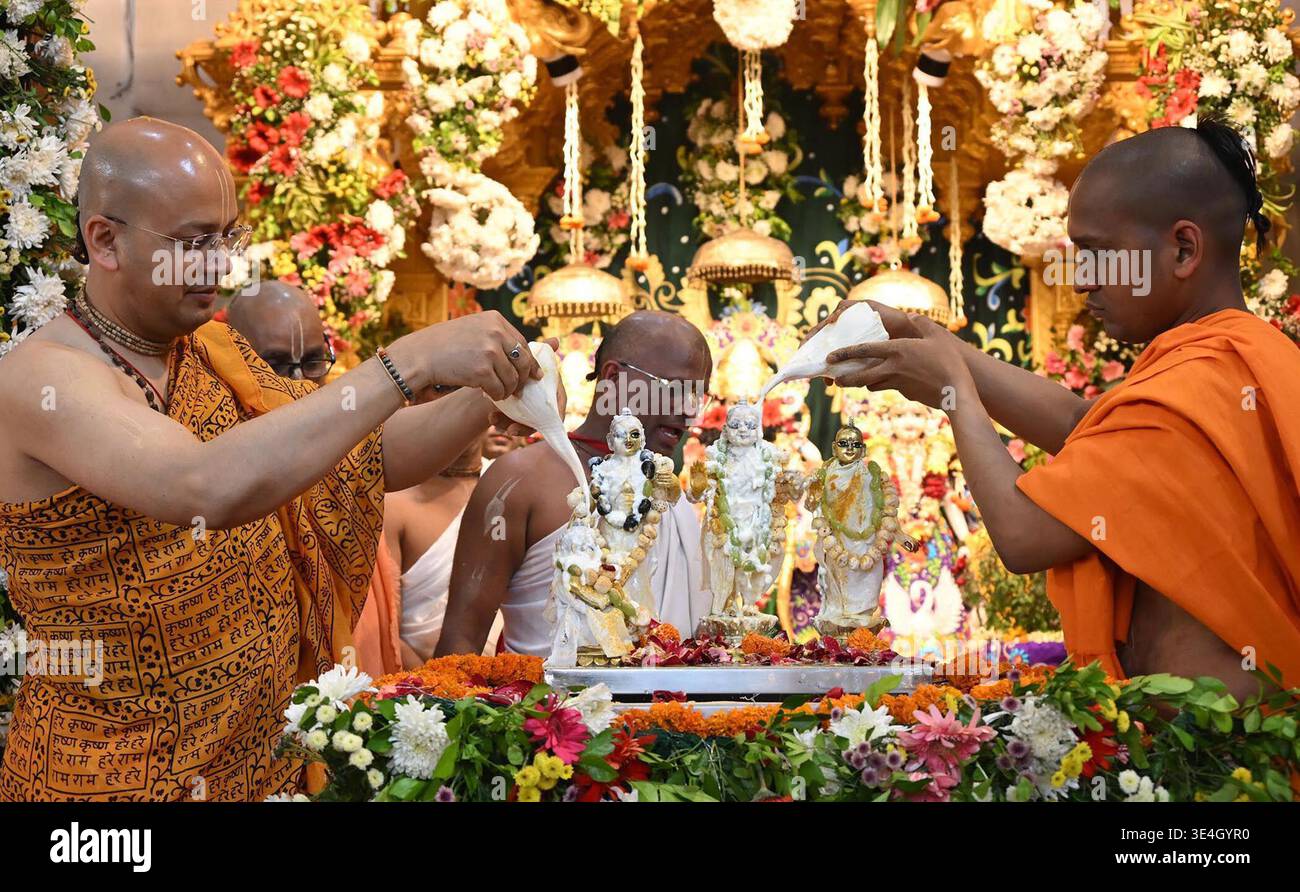 PATNA, INDIA - MARCH 27: Saints worshiping idols of Ram-Sita-Laxman on ...