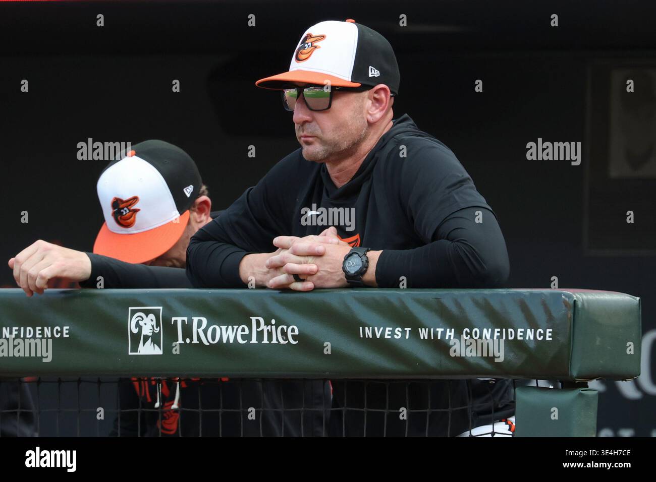 Baltimore Orioles manager Craig Albernaz looks on from the dugout ...
