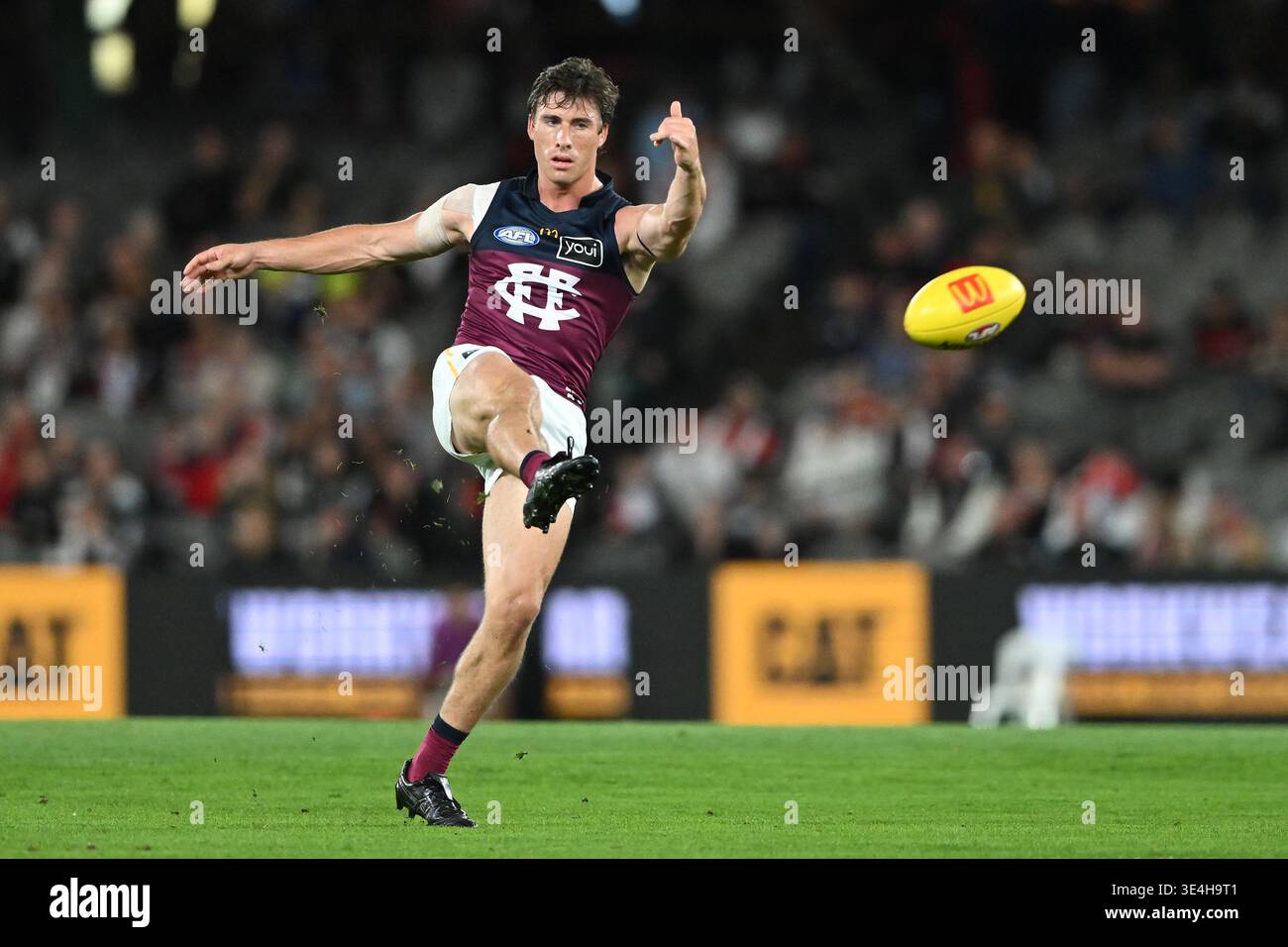 Noah Answerth of the Lions kicks the footy during the AFL Round 3 match ...