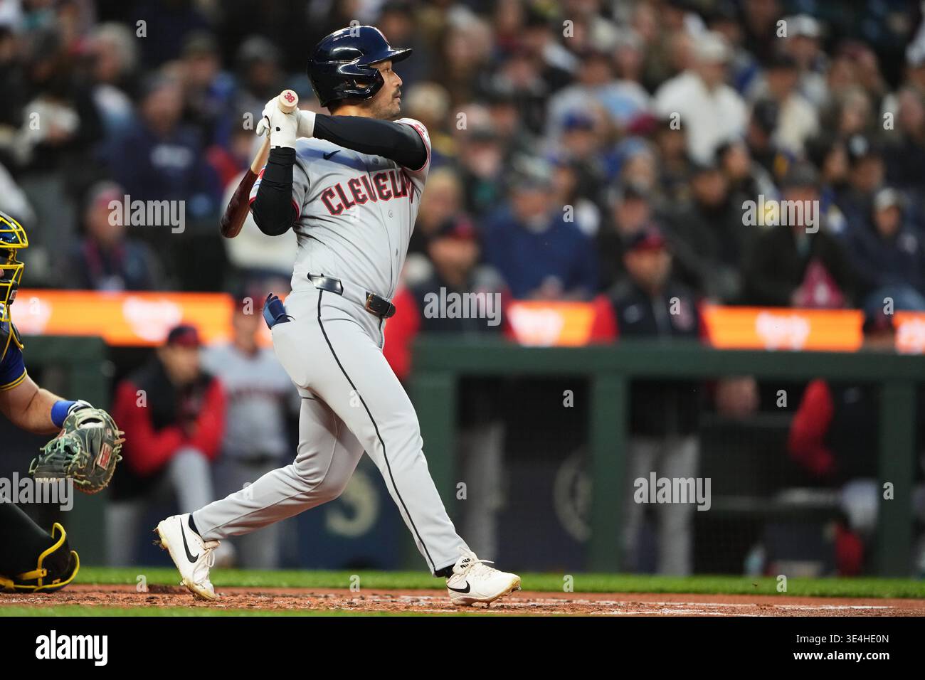 Cleveland Guardians' Steven Kwan follows through on a single against ...