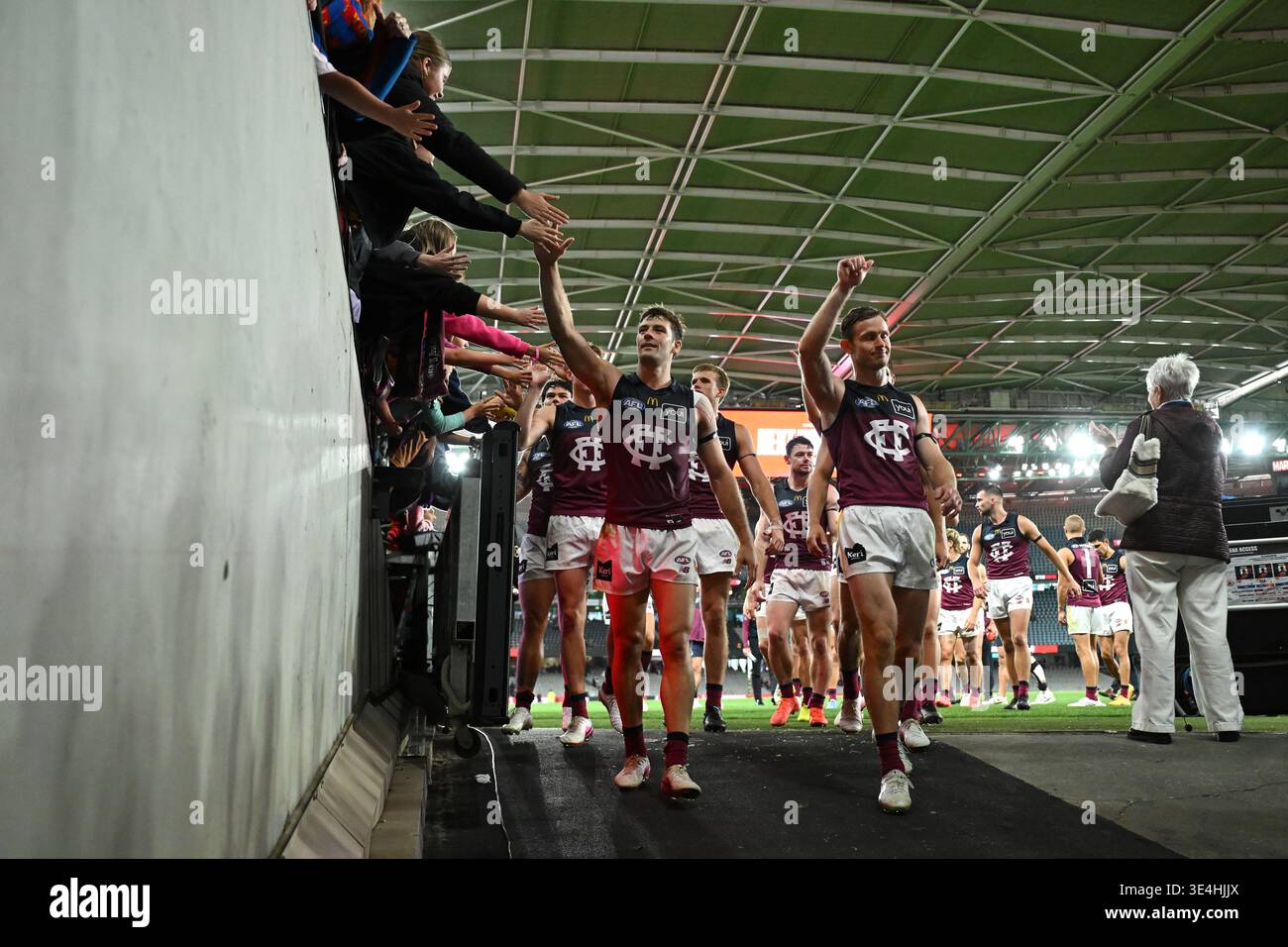 Josh Dunkley of the Lions and Ryan Lester of the Lions lead the team ...