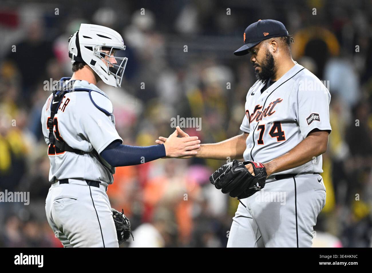 Detroit Tigers relief pitcher Kenley Jansen (74) is congratulated by ...