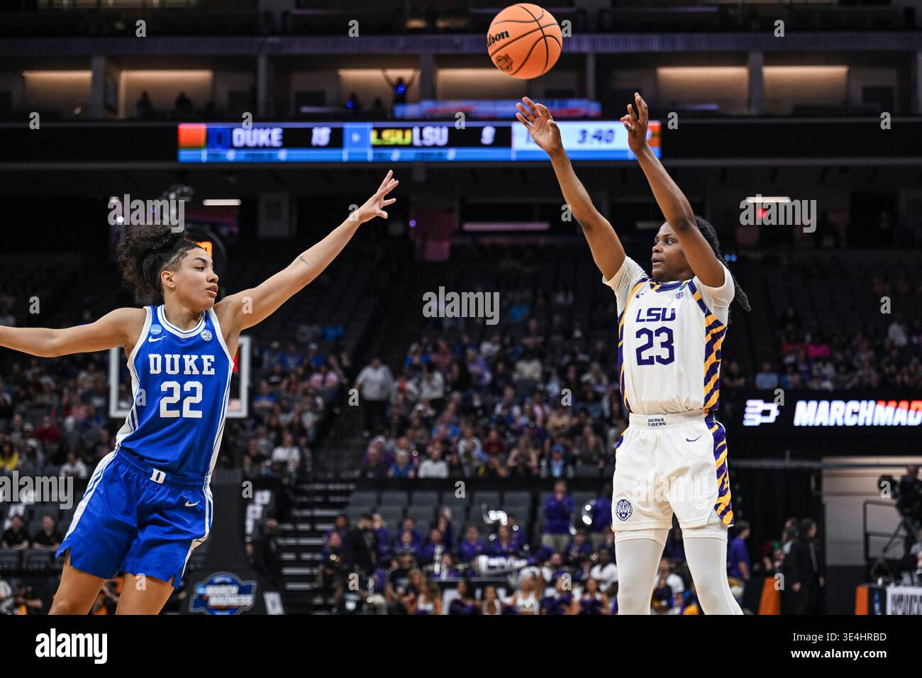LSU guard Milaysia Fulwiley (23) shoots over Duke guard Taina Mair (22 ...