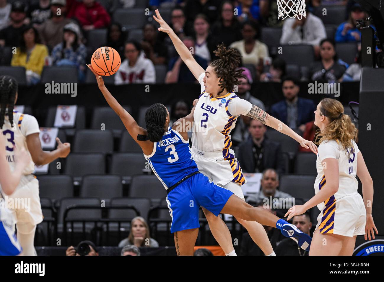 Duke guard Ashlon Jackson (3) is fouled by LSU forward Grace Knox (2 ...
