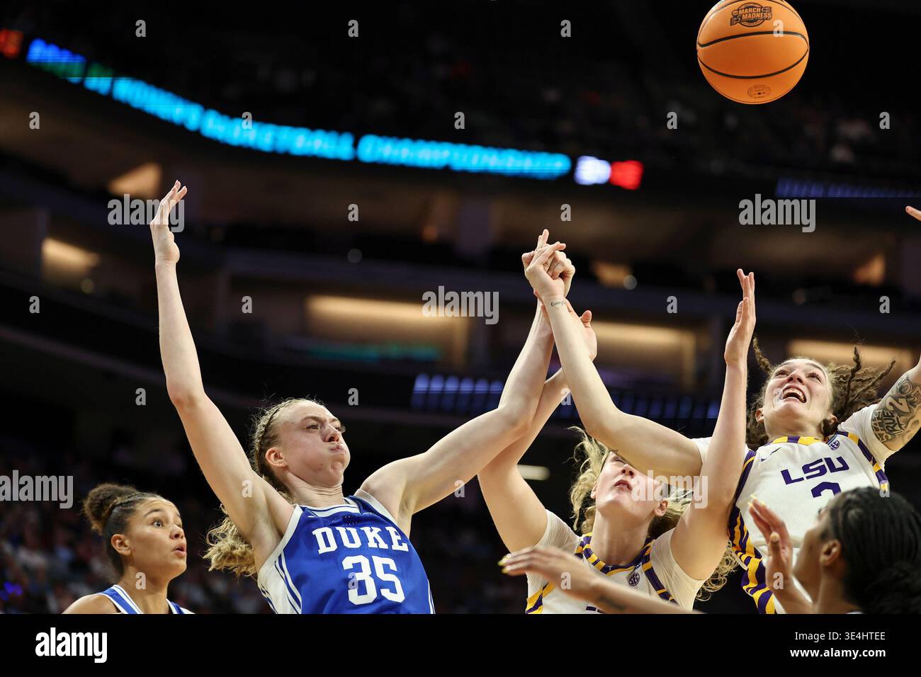 Duke forward Toby Fournier (35) and LSU forward Grace Knox, right ...