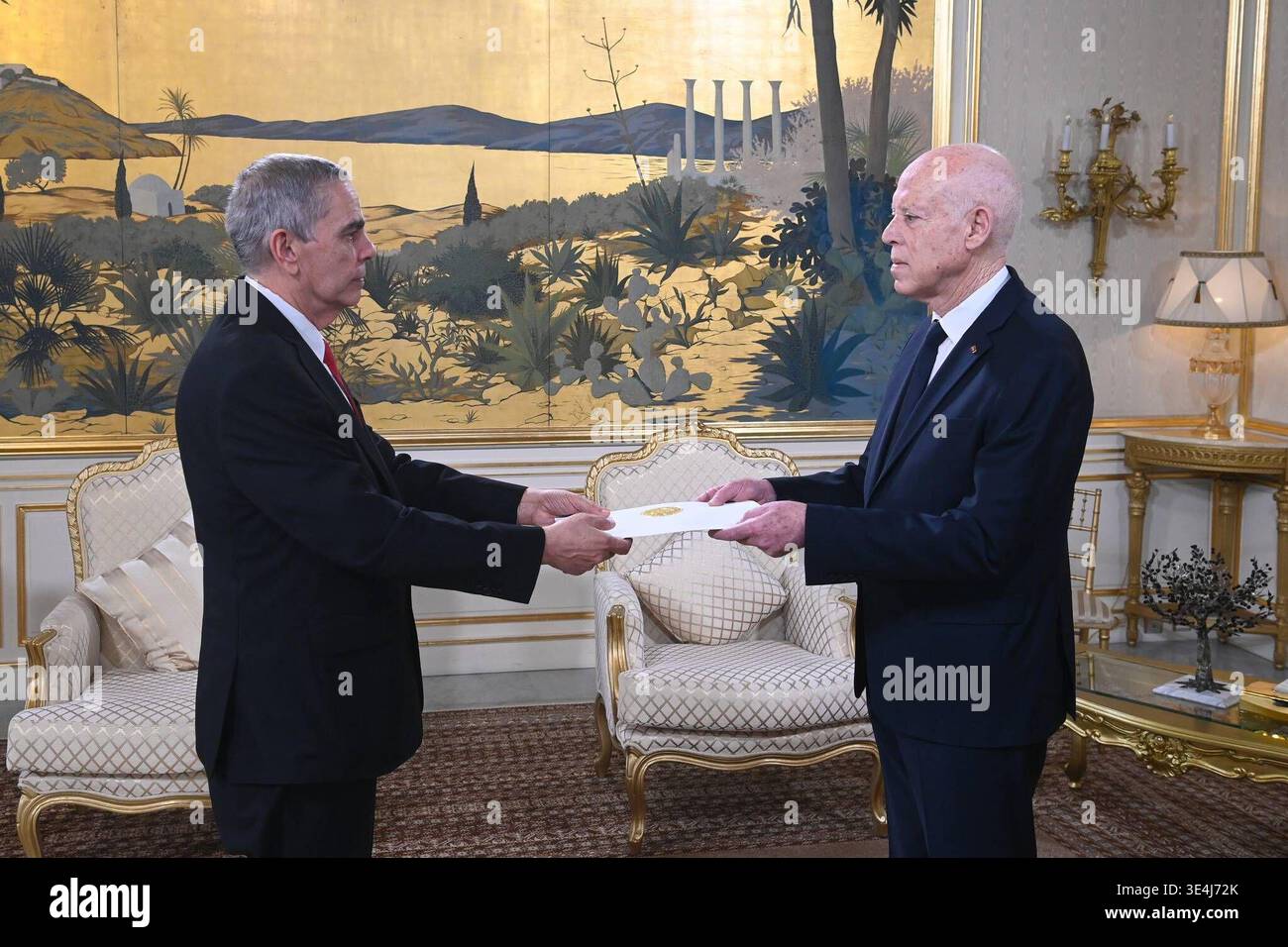 Tunisian President Kais Saied oversees a ceremony for the presentation ...