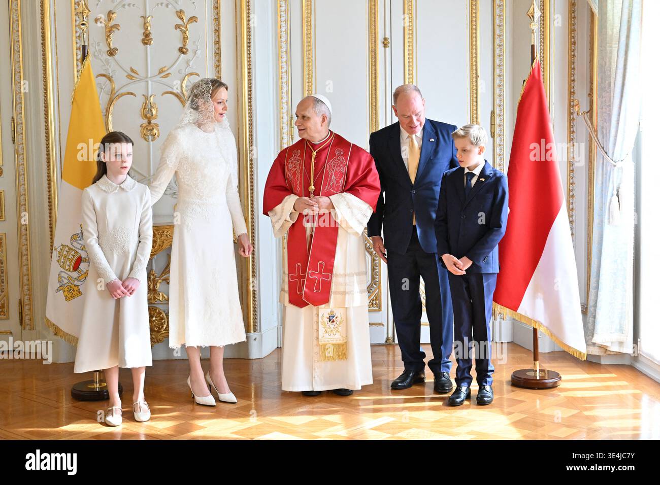 Pope Leo XIV poses in the Prince's Palace with Prince Albert II of ...