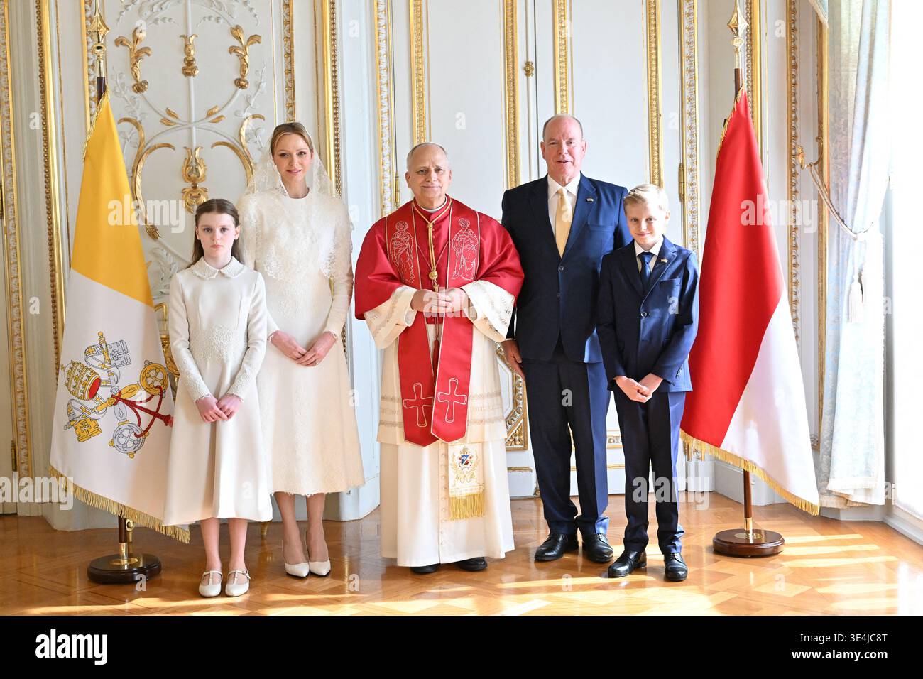 Pope Leo XIV poses in the Prince's Palace with Prince Albert II of ...