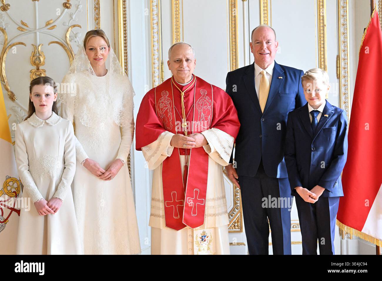 Pope Leo XIV poses in the Prince's Palace with Prince Albert II of ...