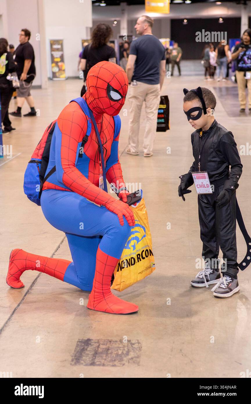 Spider-Man and Catwoman cosplayers at WonderCon 2026 at the Anaheim ...
