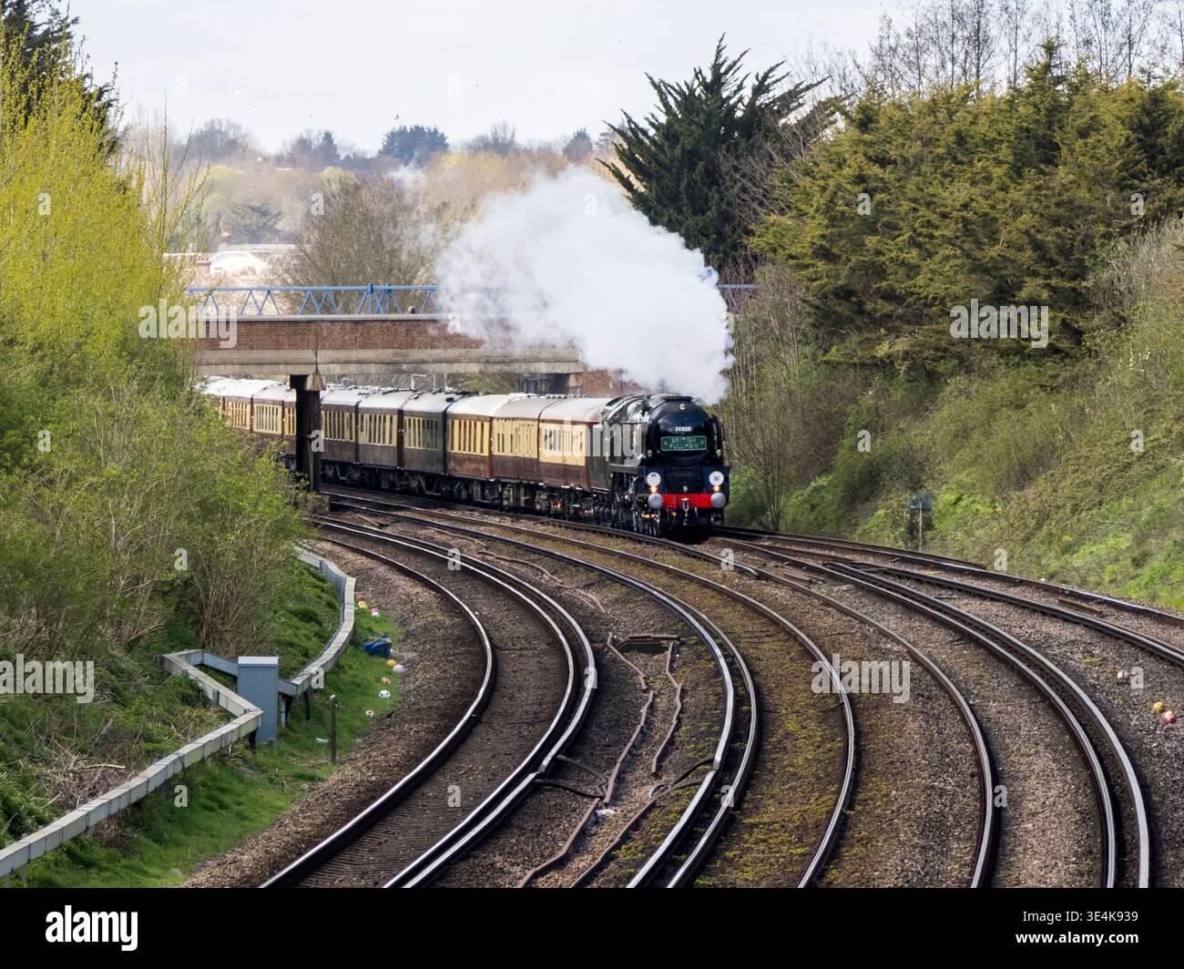 Rainham, Kent, UK. 28th Mar 2026. Steam train Clan Line (35028) seen ...