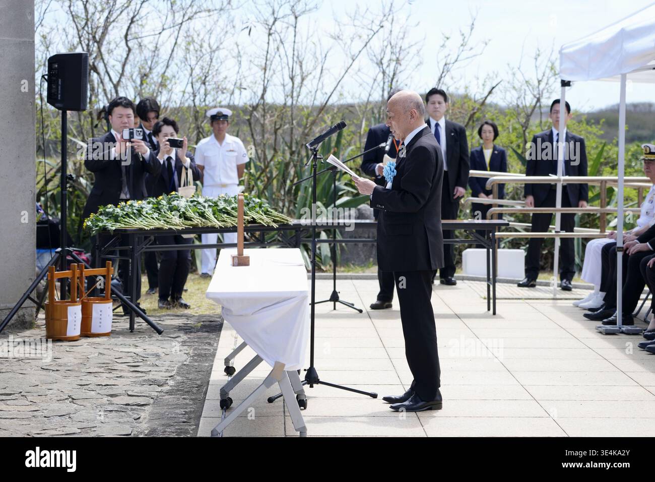 Tetsuro Teramoto, Chairman of the Iwo Jima Association, delivers a ...