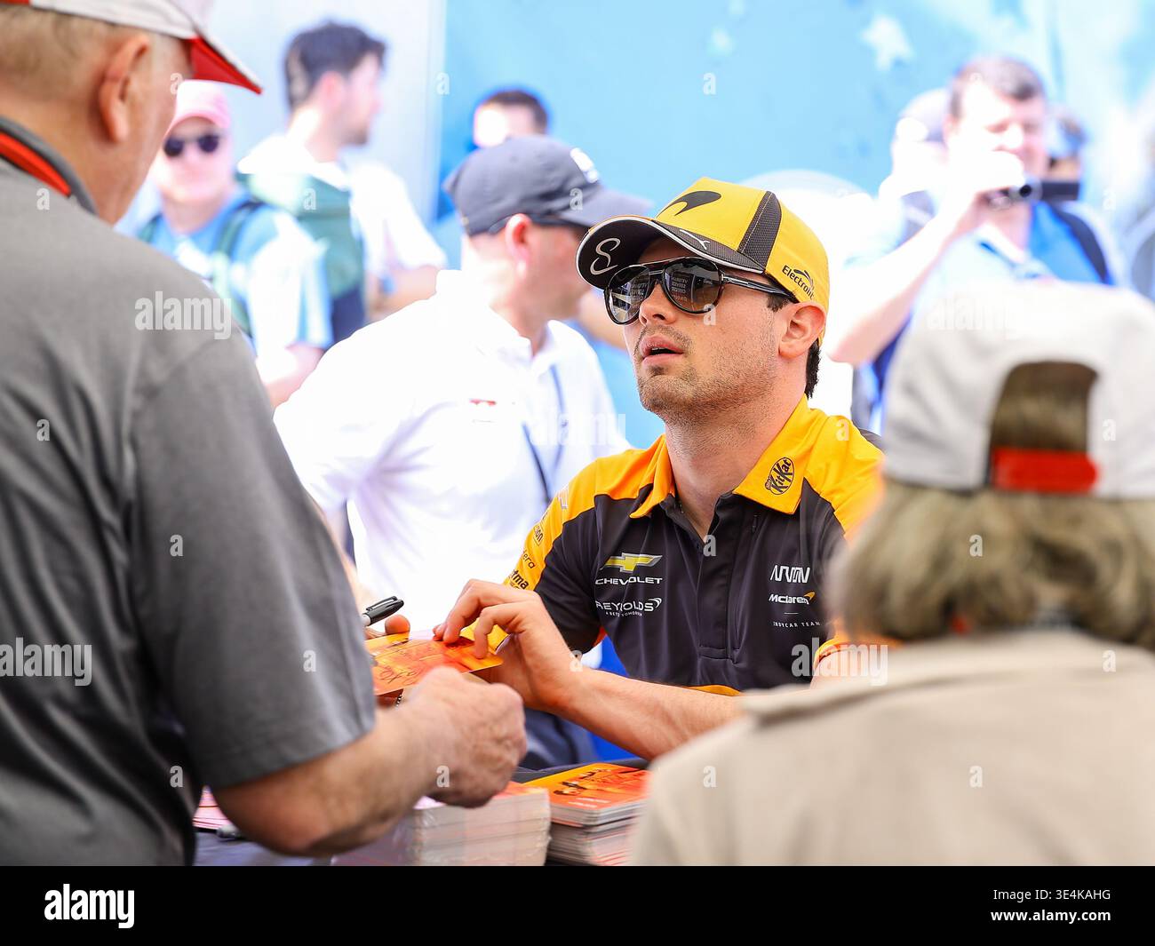 March 27, 2026: Arrow McLaren driver Pato O'Ward (5) talks to a fan ...