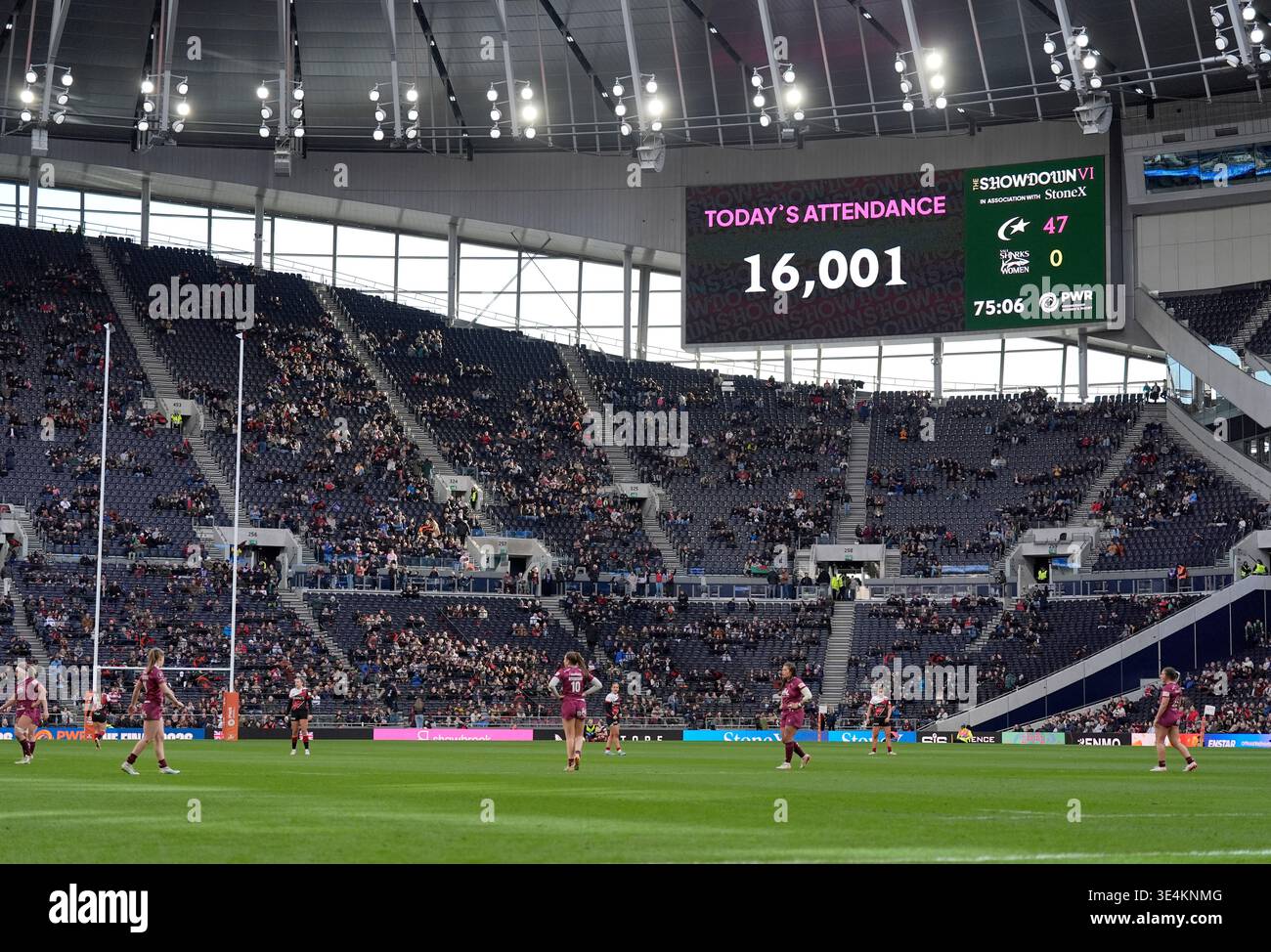 The stadiums big screen display the games attendance figure of 16,001 ...