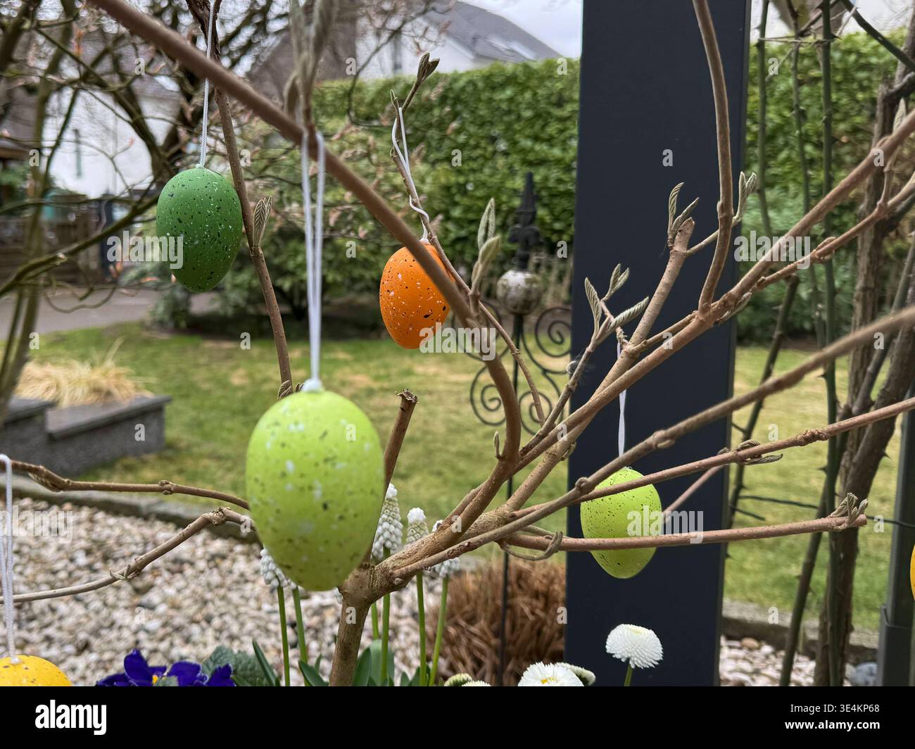 SYMB/OSTERDEKO- Bunte Plastik Oster Eiern am Baum Ast Zweig geschmueckt ...