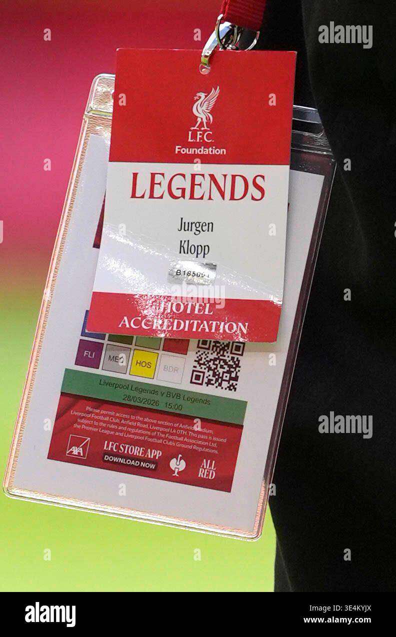 Liverpool Legends' Jurgen Klopp's name badge and pass ahead of the ...