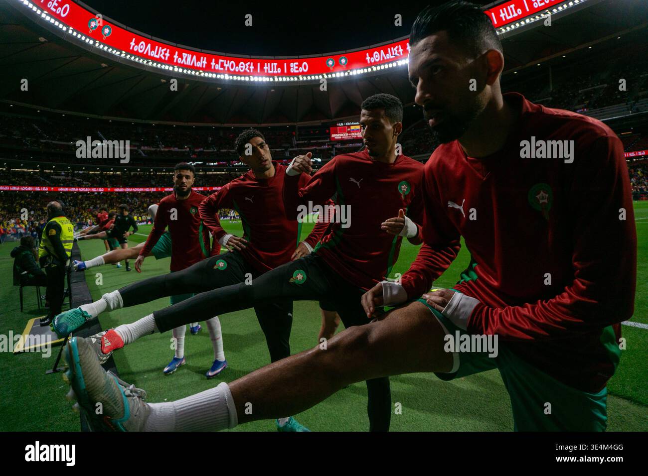 Moroccan players warm up before the friendly match between the national ...