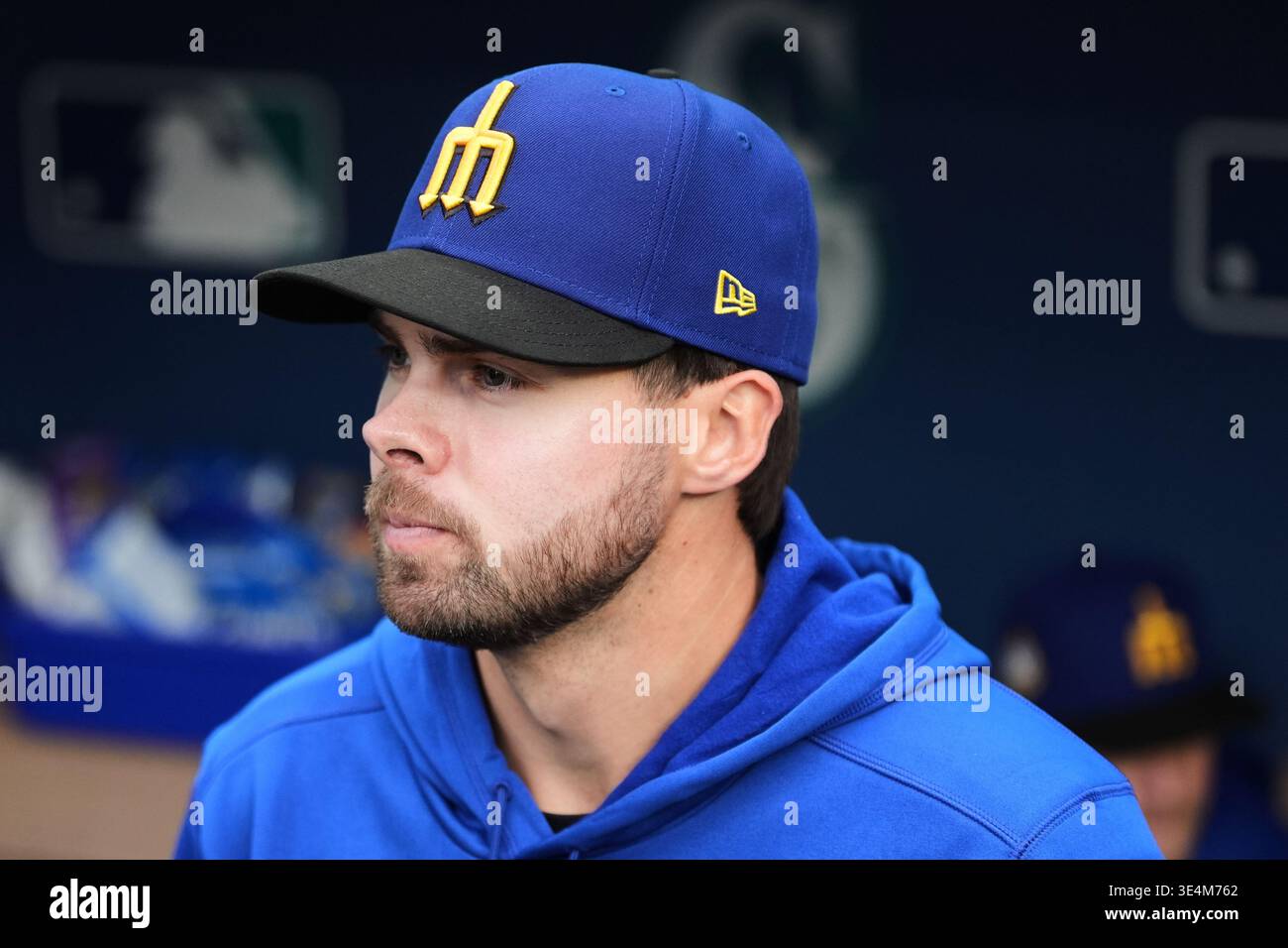 Seattle Mariners relief pitcher Matt Brash looks on from the dugout ...