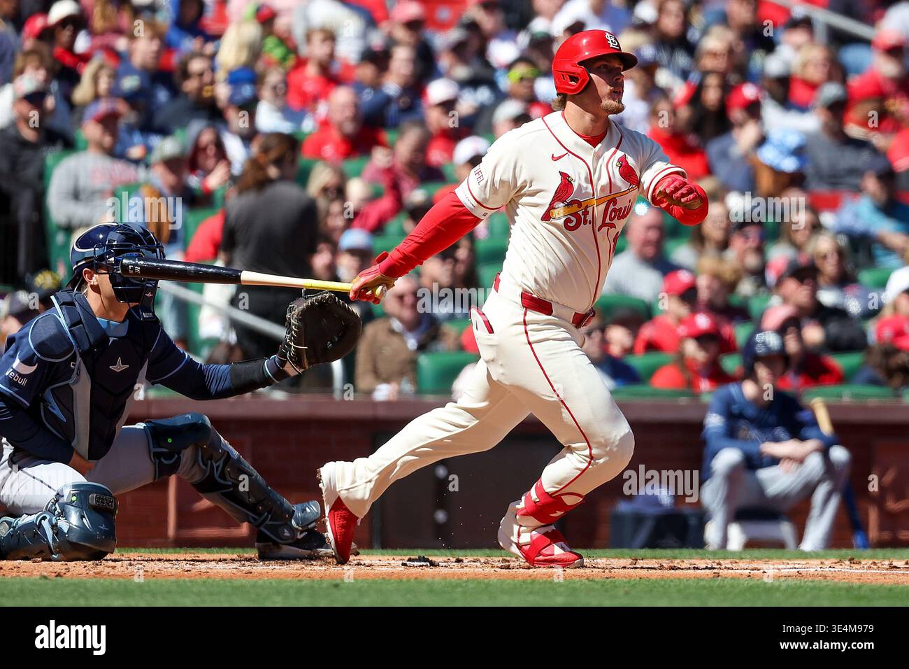 St. Louis Cardinals' Nolan Gorman follows through on an RBI double ...