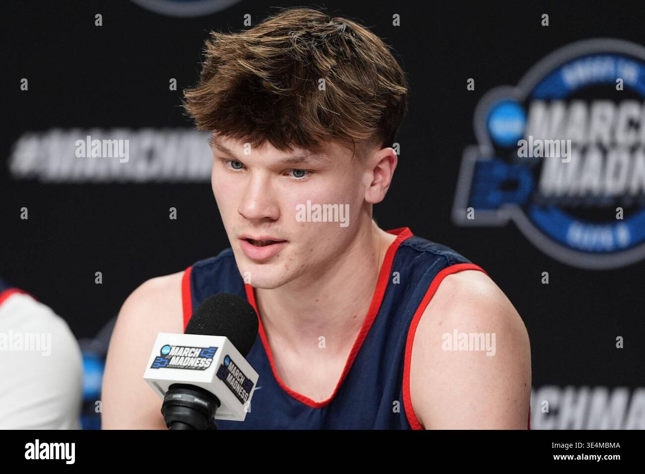 UConn guard Braylon Mullins (24) speaks during a press conference ahead ...