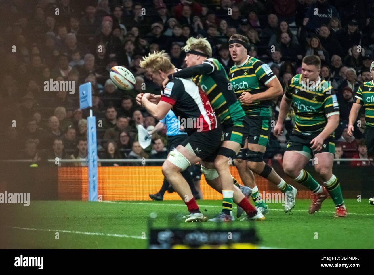 London, UK, 28th March 2026 Saracens second row Hugh Tizard battles to ...