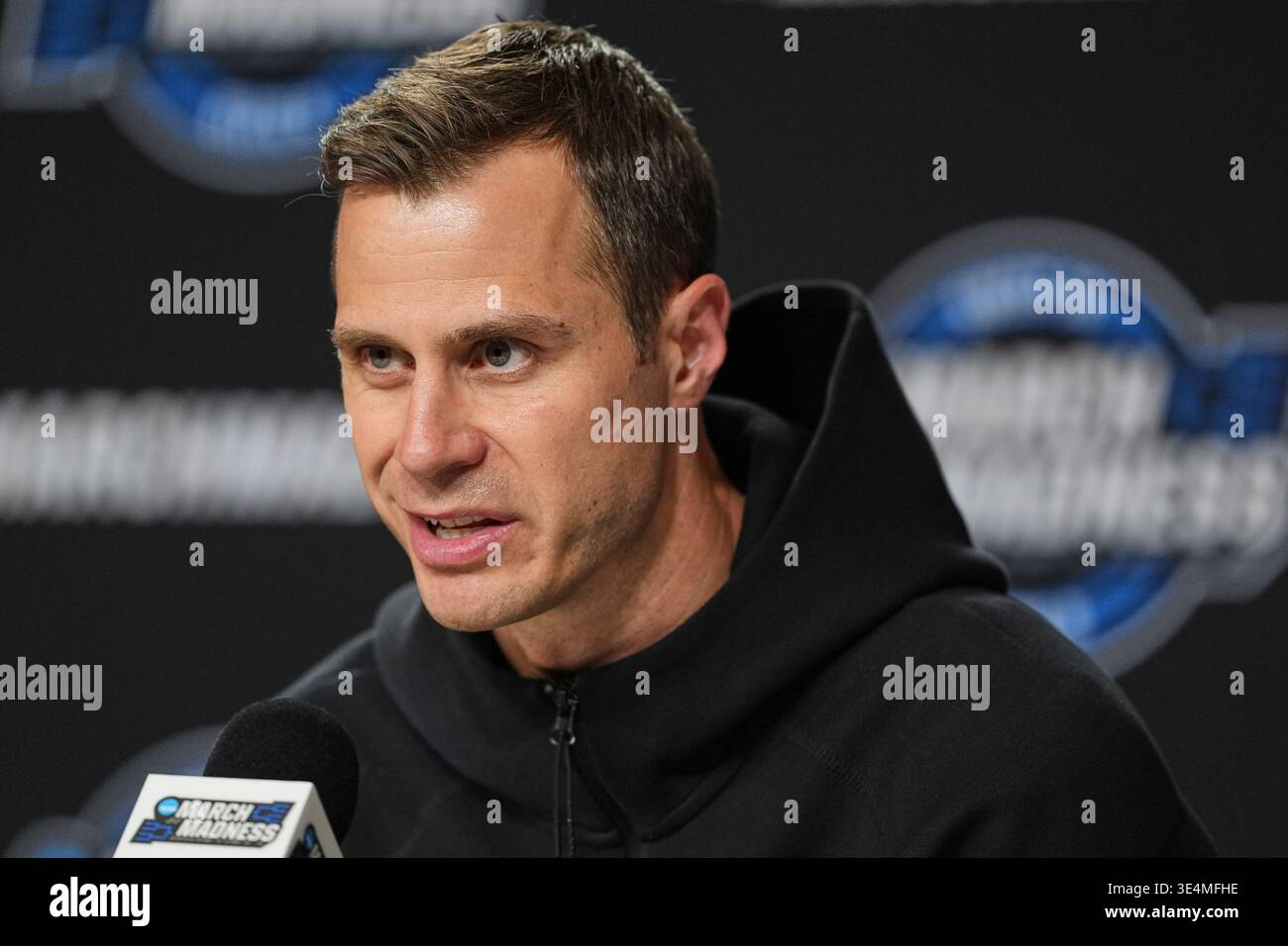 Duke head coach Jon Scheyer speaks during a press conference ahead of a ...