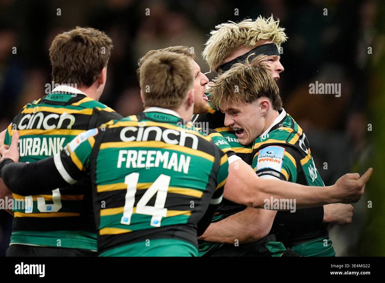 Northampton Saints' Archie McParland (second right) celebrates scoring ...