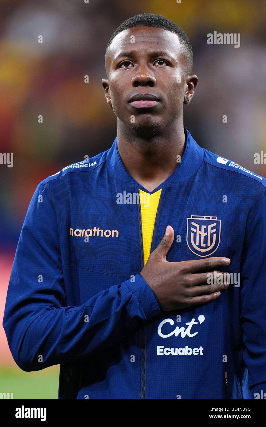 Ecuador's Alan Steve Minda Garcia listens to the national anthem during ...