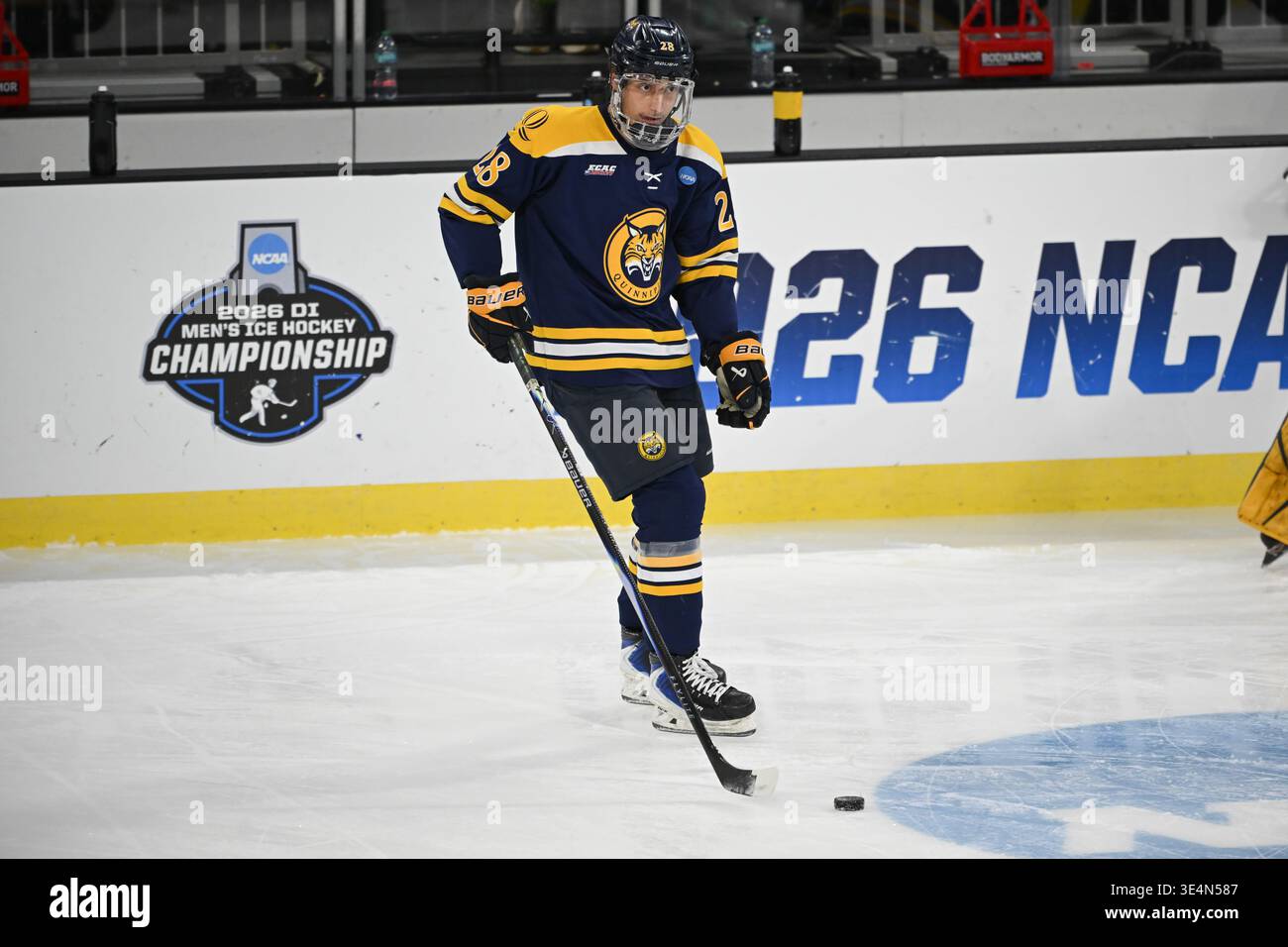 Quinnipiac forward Chris Pelosi (28) warms up before their game against ...