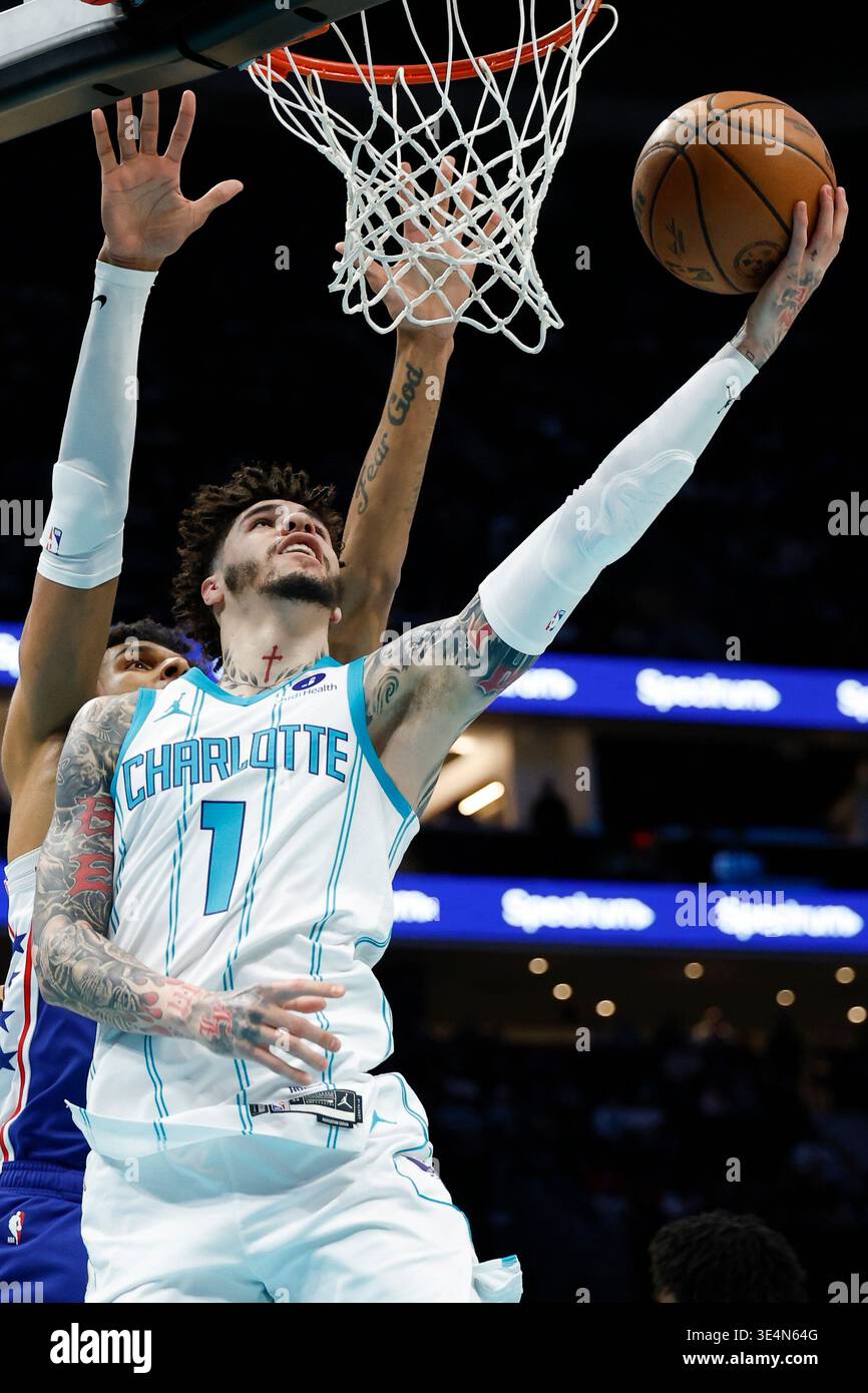 Charlotte Hornets guard LaMelo Ball (1) shoots against Philadelphia ...