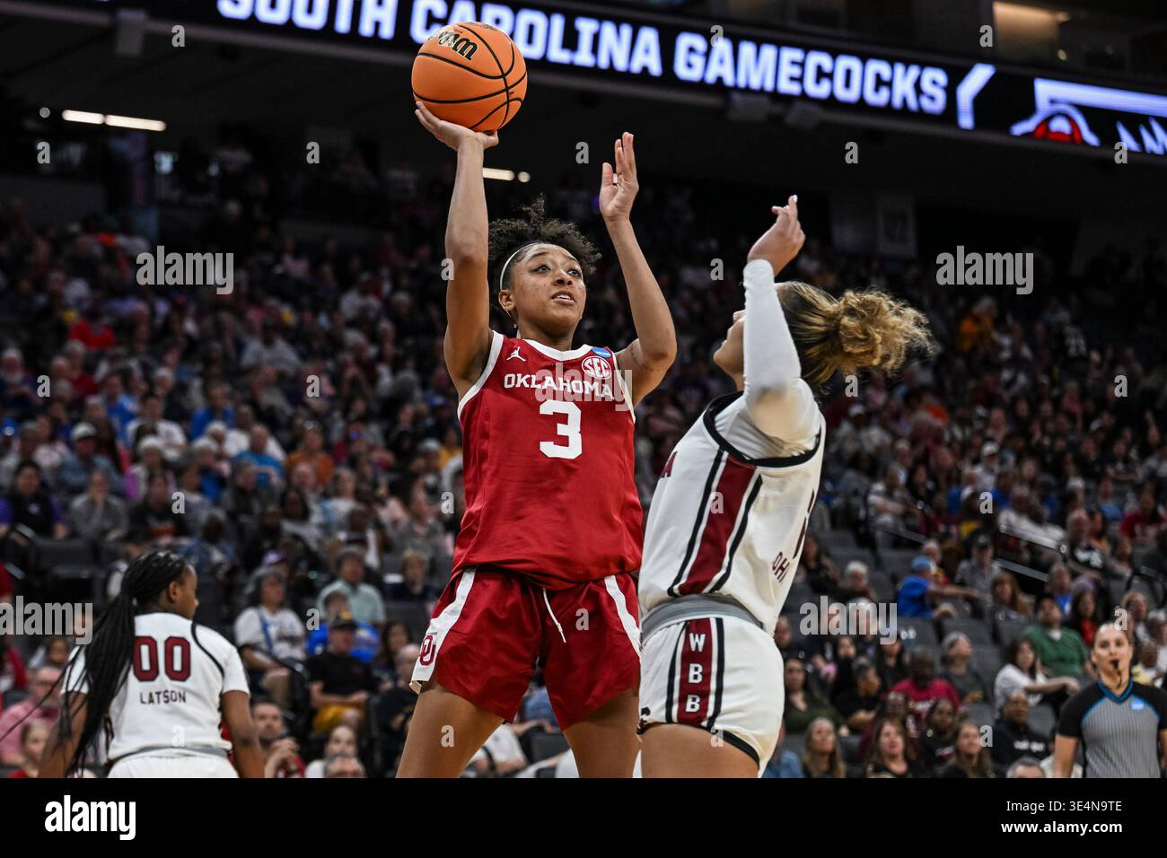 Oklahoma guard Zya Vann (3) shoots over South Carolina guard Tessa ...