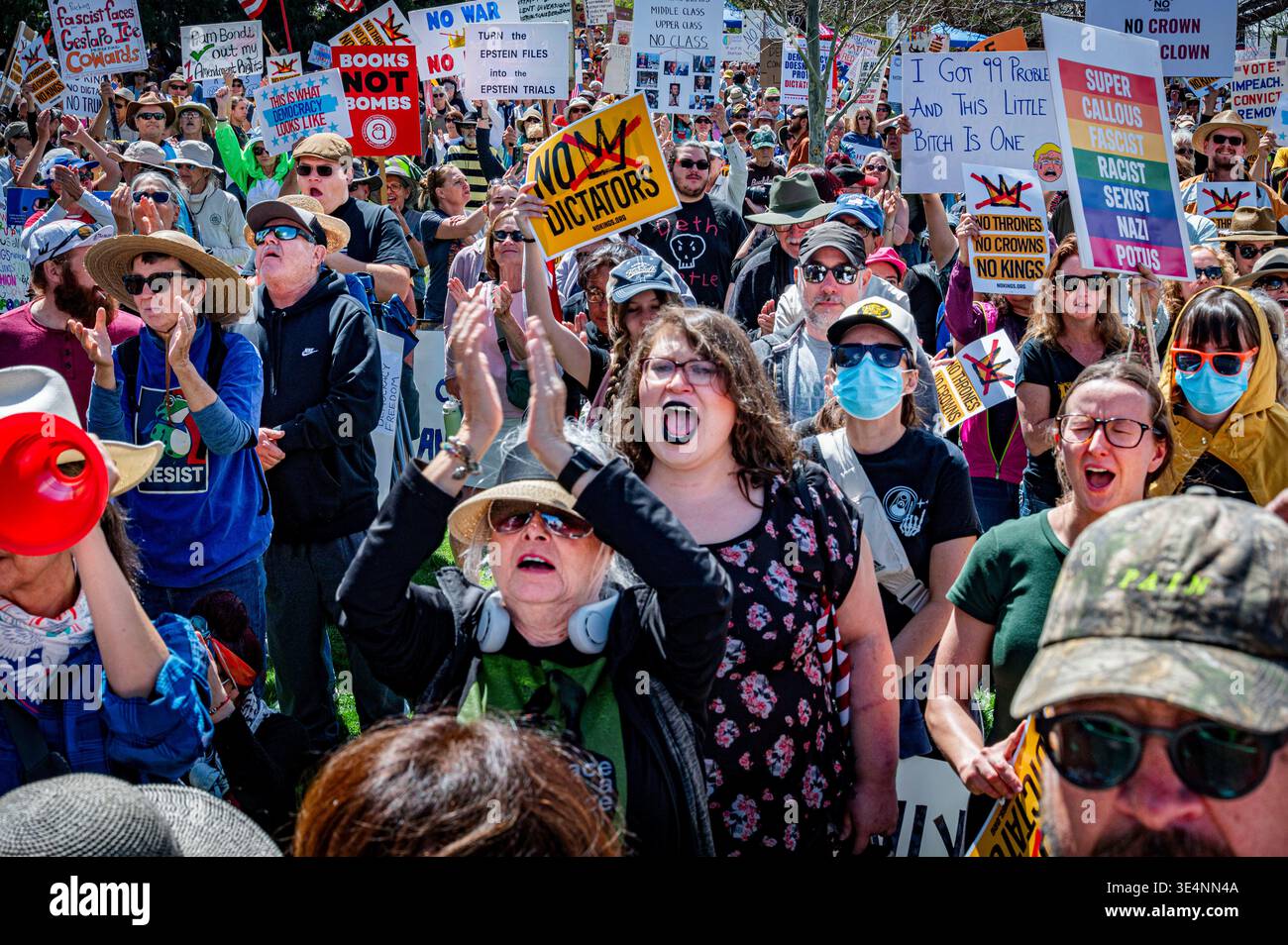 The crowd chants during a "No Kings" protest at Montgomery Park in ...