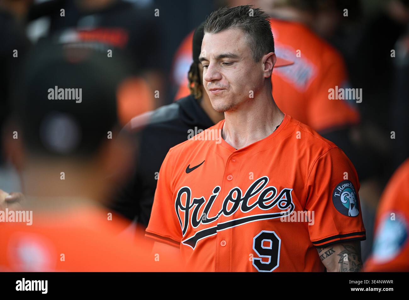 Baltimore Orioles outfielder Tyler O'Neill (9) walks through the dugout ...